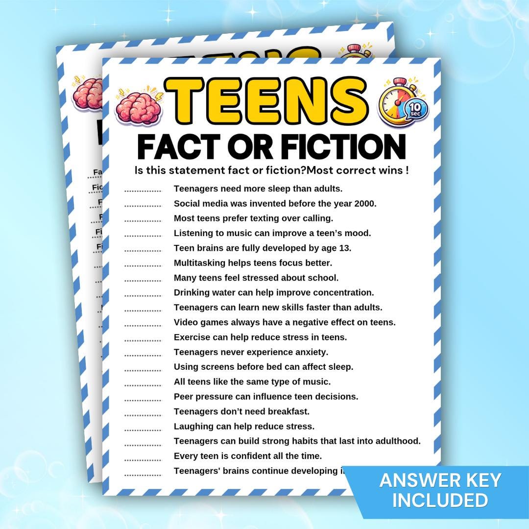 Teens Fact or Fiction Game Printable, Teen Trivia Quiz, Classroom ...