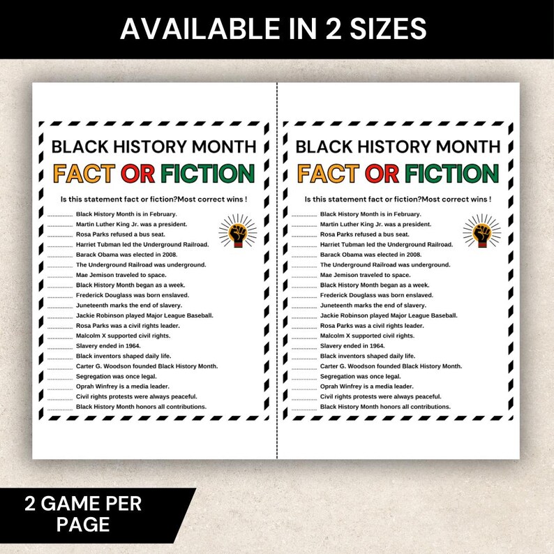 Black History Fact or Fiction Printable Game, Black History Month ...