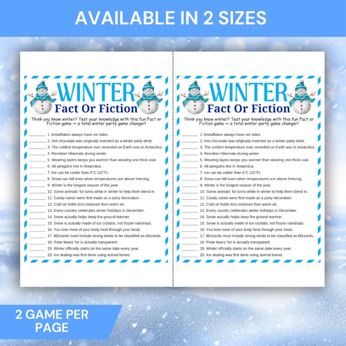 Winter Fact or Fiction Game, Winter Party Game, True or False Winter ...