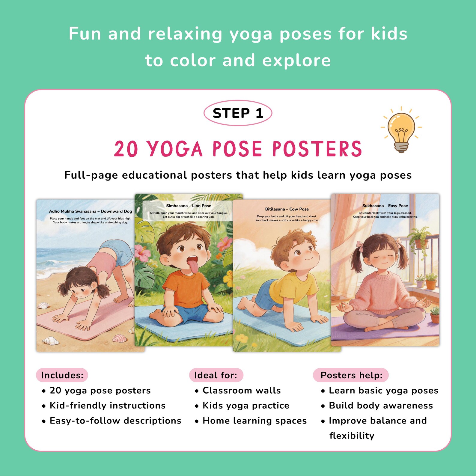Kids Yoga Printable Pack, Yoga Pose Posters Coloring Pages, Mindfulness ...