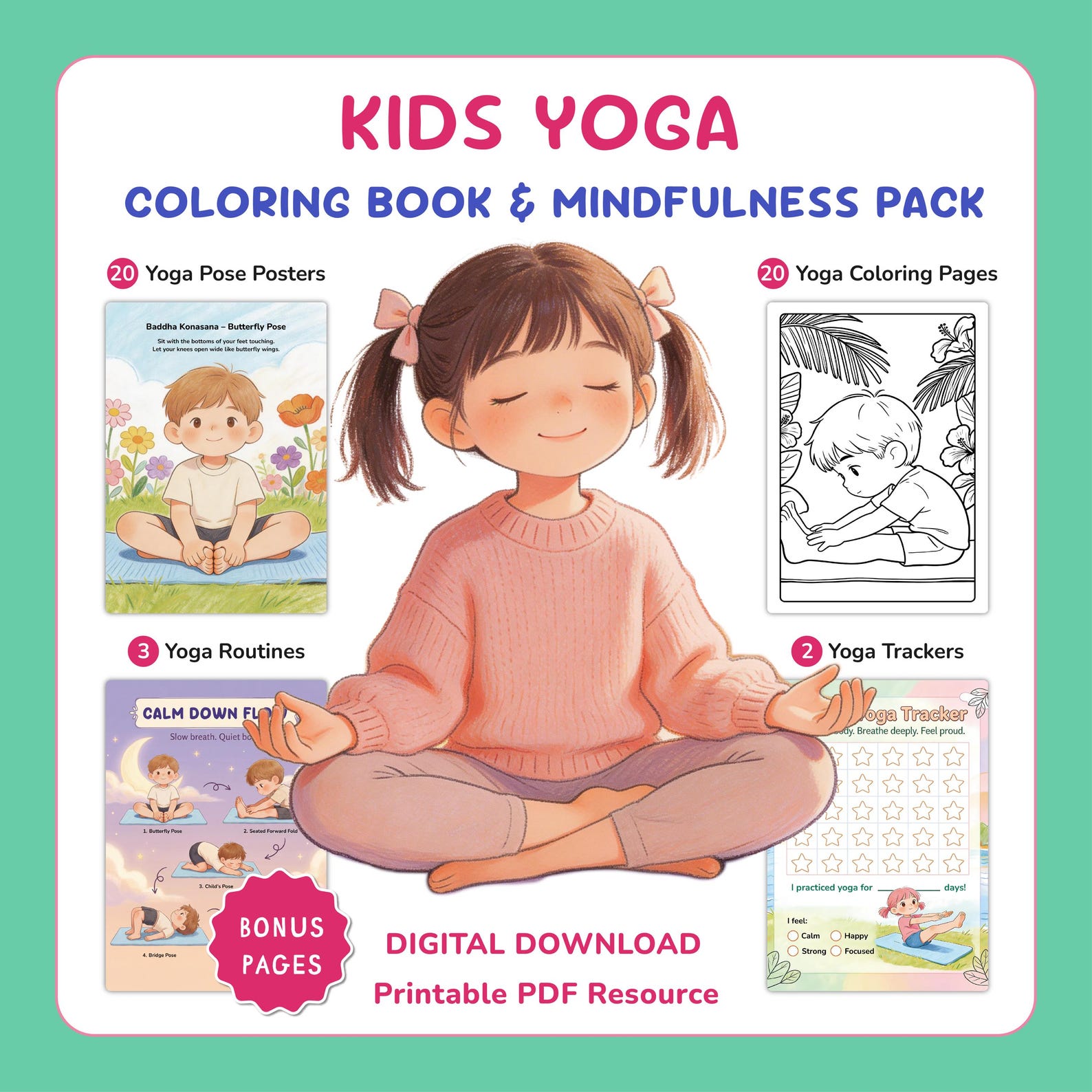Kids Yoga Printable Pack, Yoga Pose Posters Coloring Pages, Mindfulness ...
