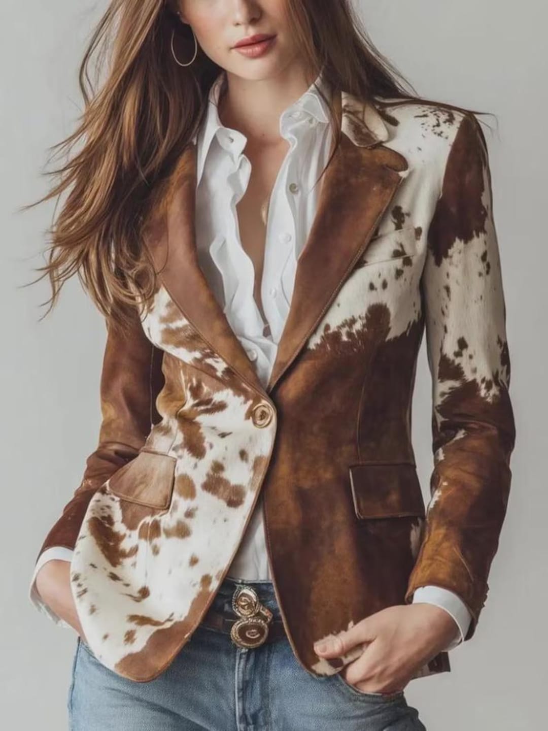 Women's Cow Print Leather Jacket | Handmade Brown White Cowgirl Blazer ...