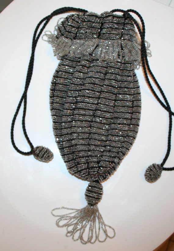 1920s Black Beaded Purse, Flapper, Dressy Handbag, Si… - Gem