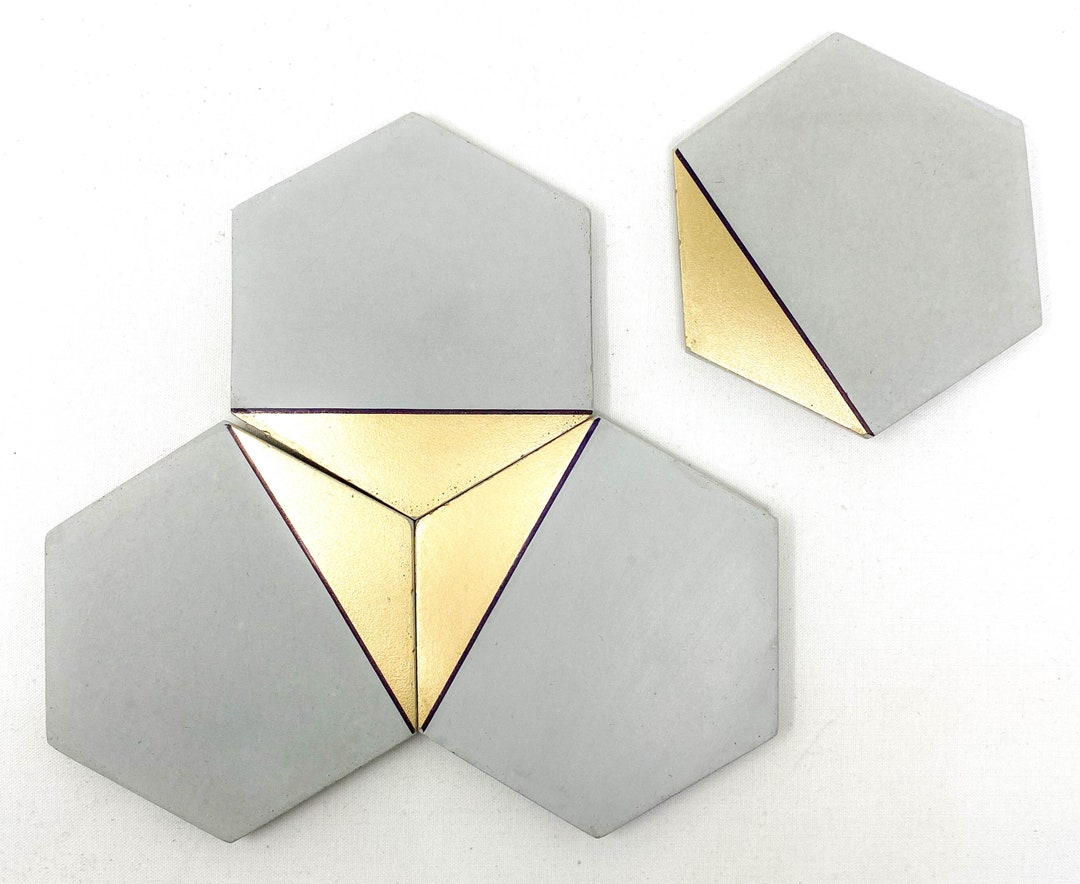Concrete Hexagon Coaster With Gold Accent, Set of 4, Minimalist ...