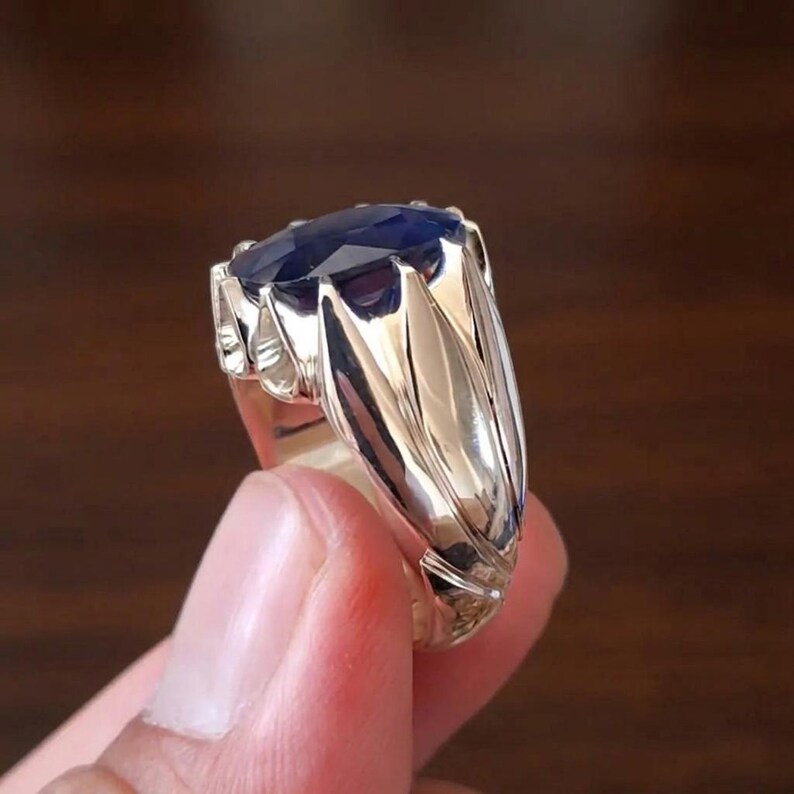 Neelam Gemstone Handmade Ring | Blue Sapphire Sterling Silver Ring Men ...