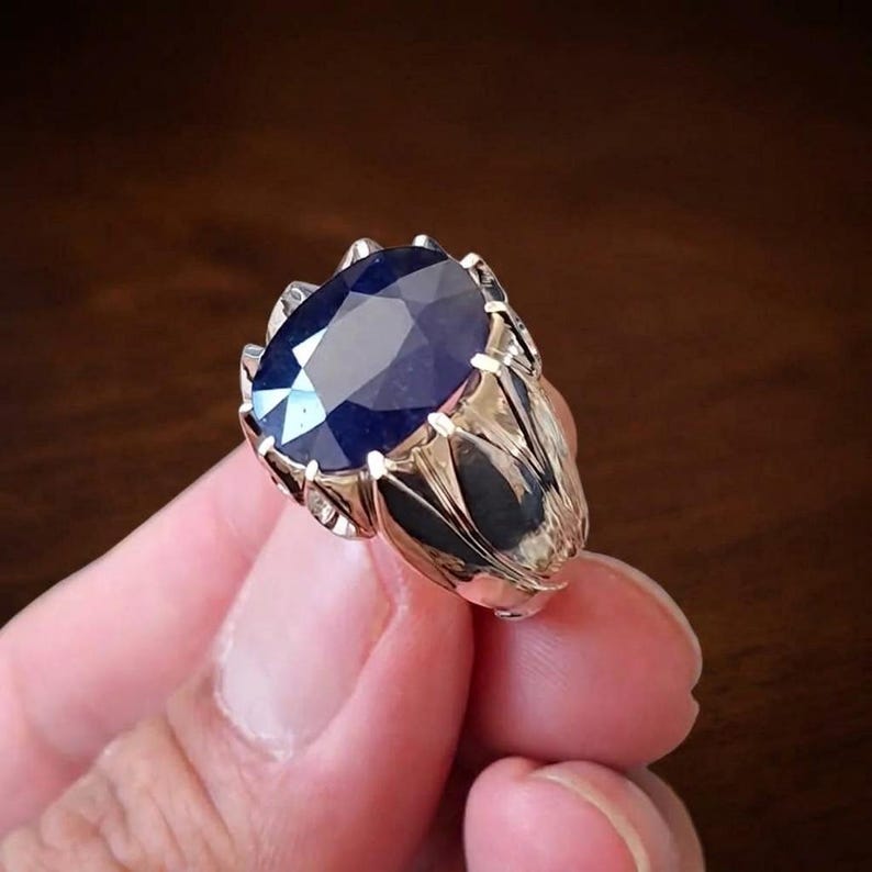 Neelam Gemstone Handmade Ring | Blue Sapphire Sterling Silver Ring Men ...