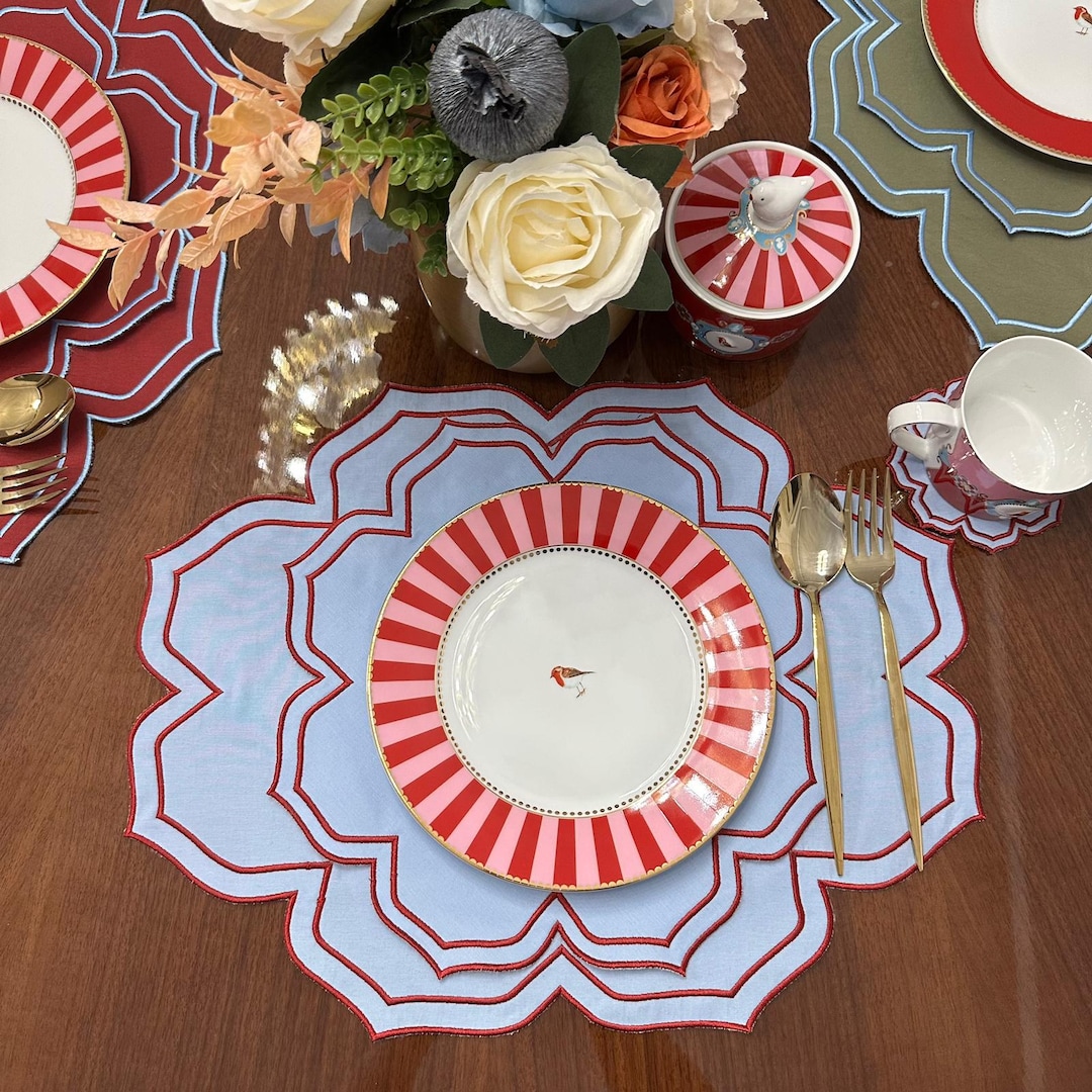 Light Blue & Red Scalloped Placemat Set, Set of 3 With Matching ...