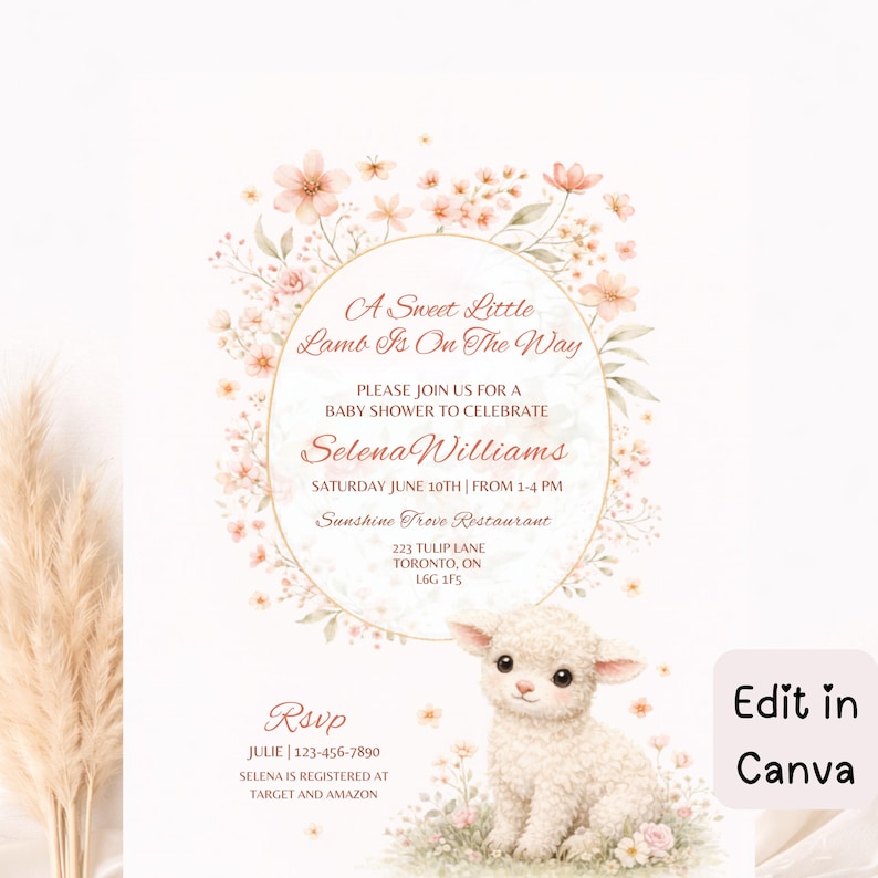 Sweet Lamb Baby Shower Invitation | Watercolor Floral Farm Theme ...