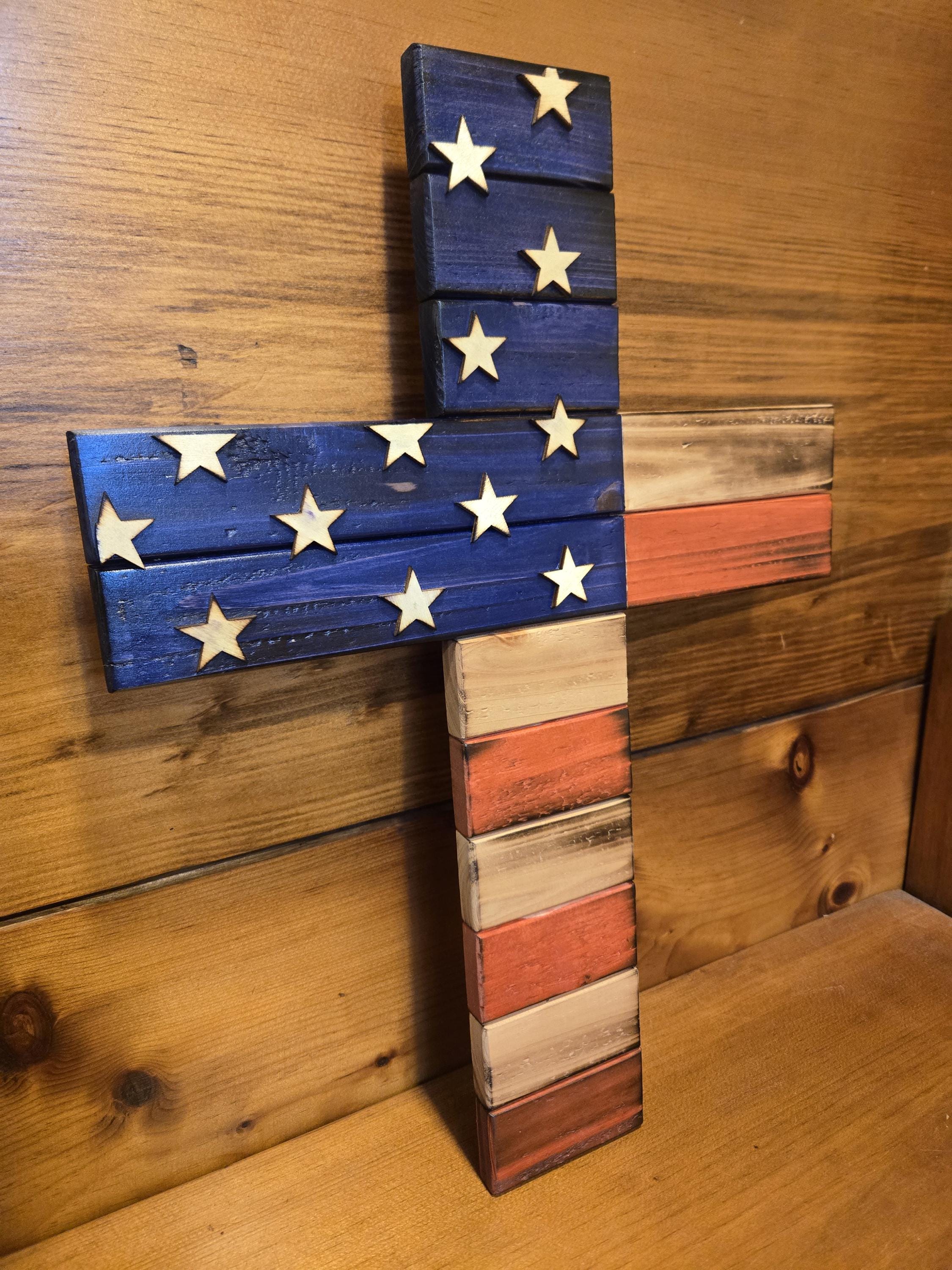 American Flag Wooden Cross | Rustic Patriotic Wall Decor - Etsy