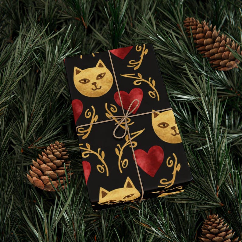 Gold Cats and Hearts Gift Wrap, Whimsical Black Wrapping Paper - Etsy