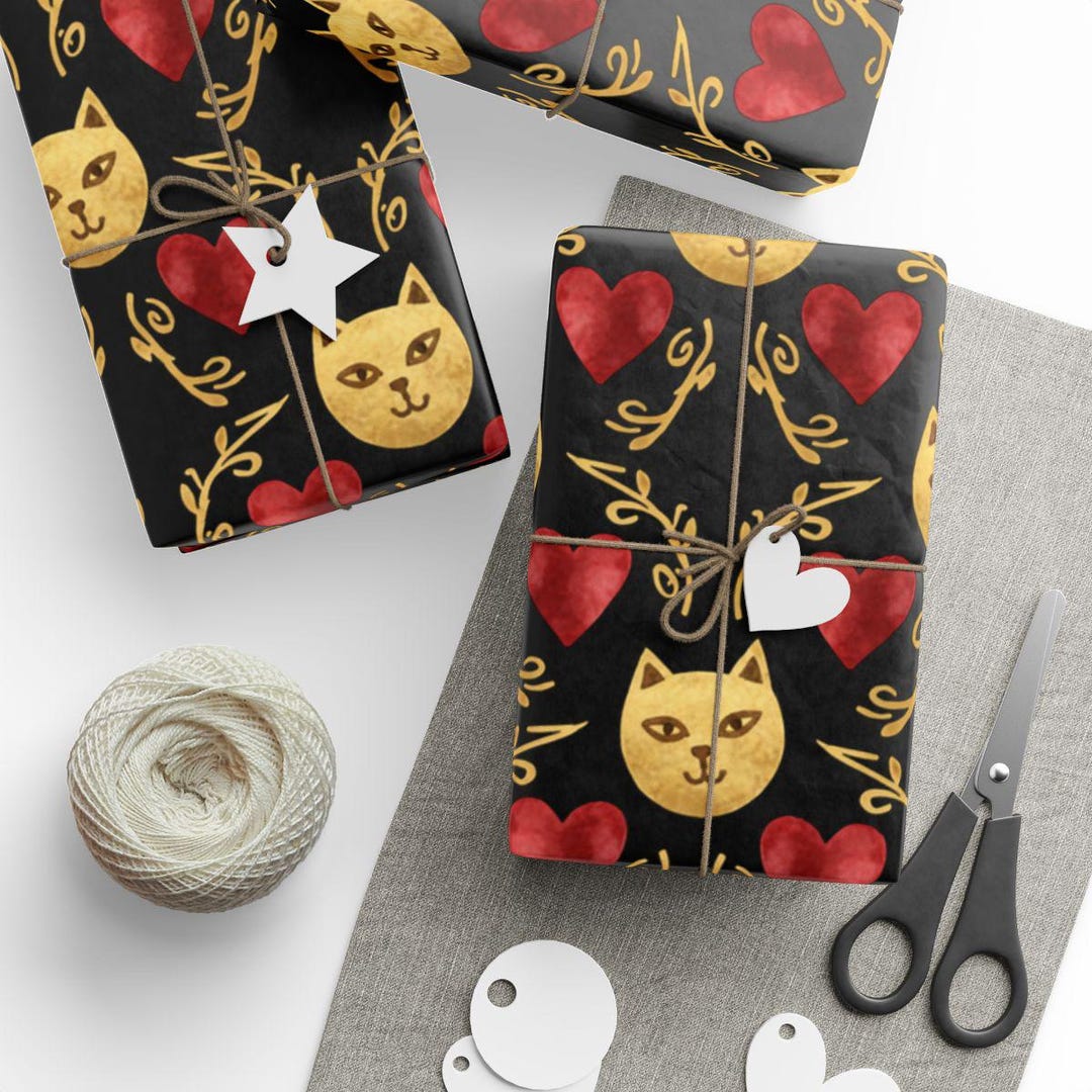 Gold Cats and Hearts Gift Wrap, Whimsical Black Wrapping Paper - Etsy