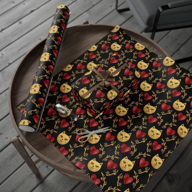 Gold Cats and Hearts Gift Wrap, Whimsical Black Wrapping Paper - Etsy