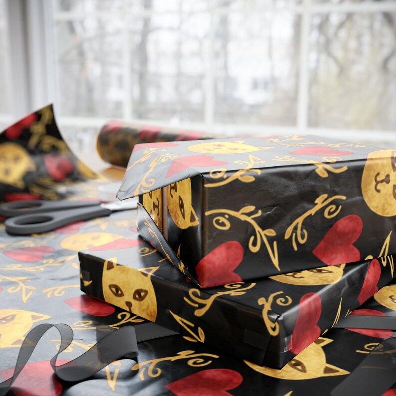 Gold Cats and Hearts Gift Wrap, Whimsical Black Wrapping Paper - Etsy
