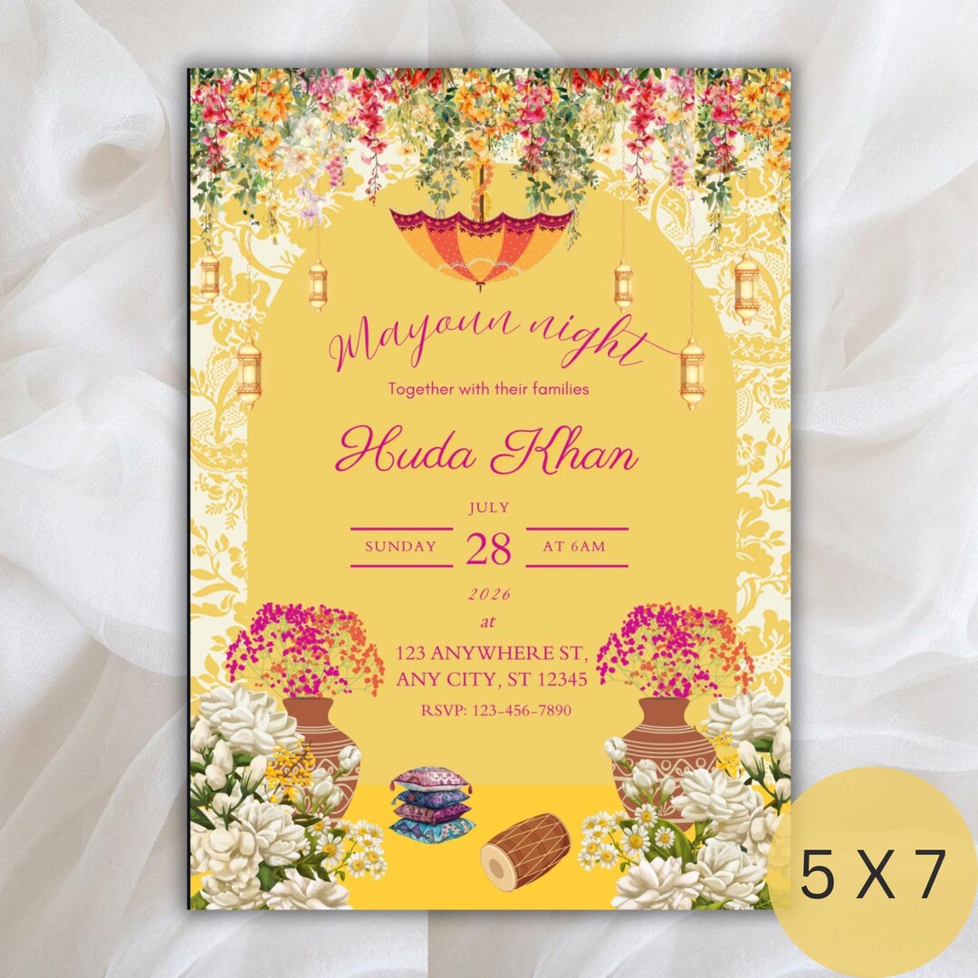 Mayoun Night Invitation Template, Yellow Floral Mehendi Invite ...