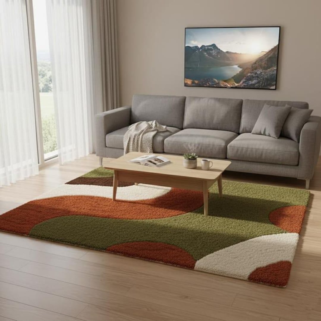 Retro Wavy Earth Tone Rug, Olive Green Rust Cream Brown Abstract Carpet ...
