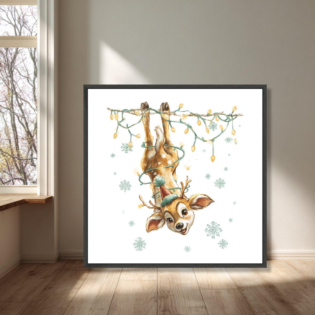 Playful Reindeer Canvas Print, Upside Down Christmas Animal Art - Etsy