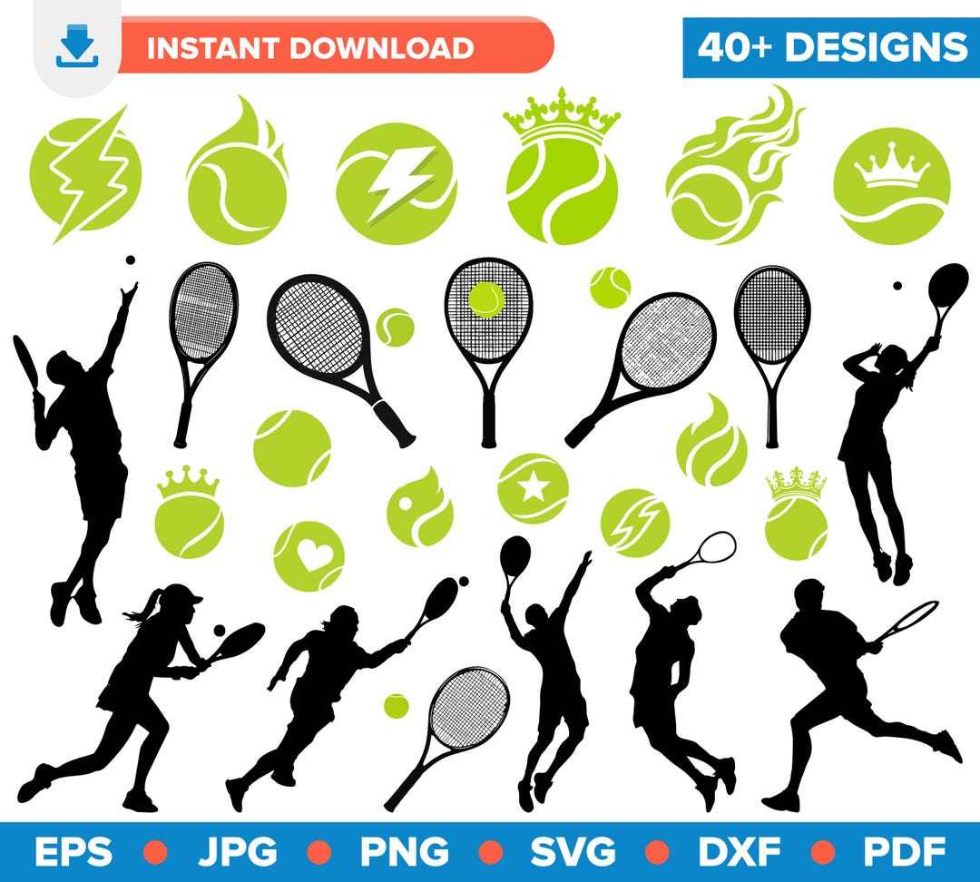 Tennis SVG PNG Bundle, 40+ Racket , Ball & Player Silhouettes, Sports ...
