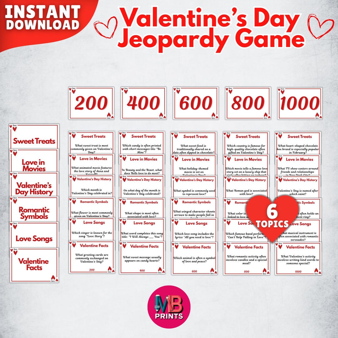 Jeopardy Game for Valentine's Day Printable, Valentines Jeopardy Game ...