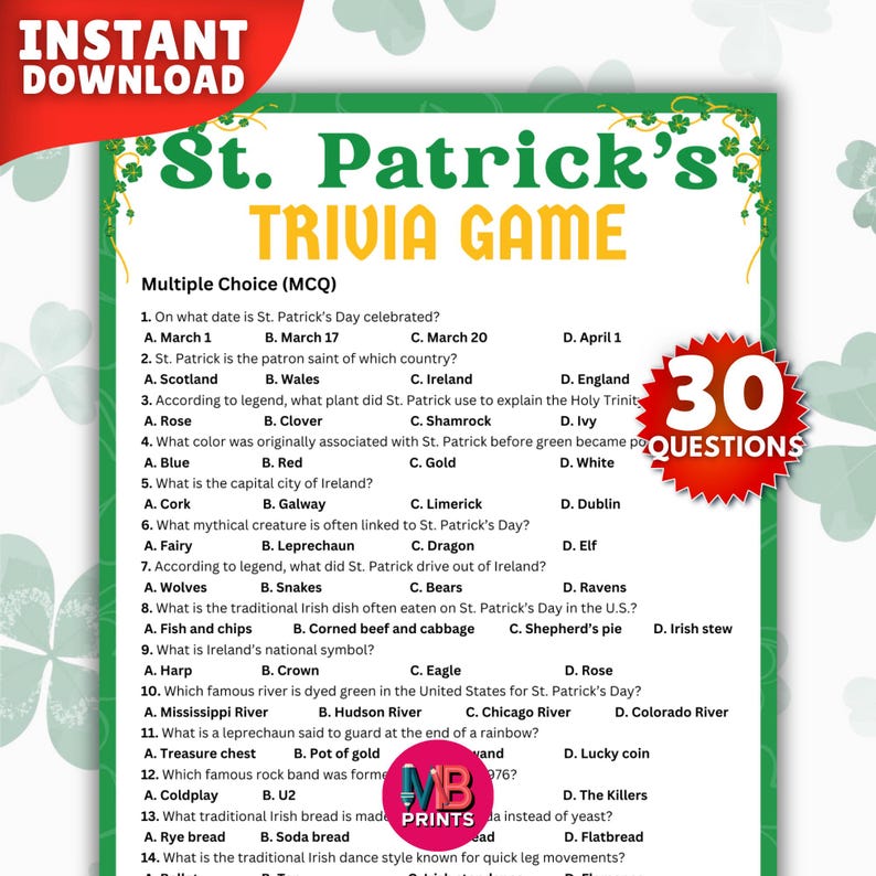 St Patricks Day Trivia Game PDF Download, Fun Irish Trivia Party Game ...