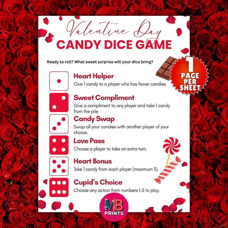 Valentine Candy Dice Game Printable, Roll a Dice Game, Valentine Dice ...