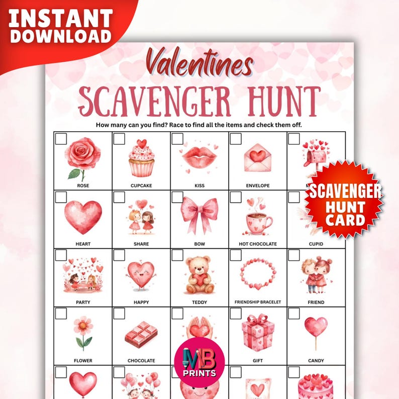 Valentines Day Scavenger Hunt Printable, Valentine's Day Game for Kids ...