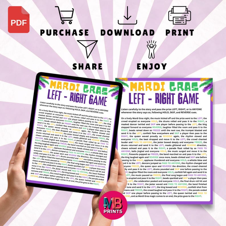 Mardi Gras Left Right Game PDF Download, Fun Printable Mardi Gras Games ...