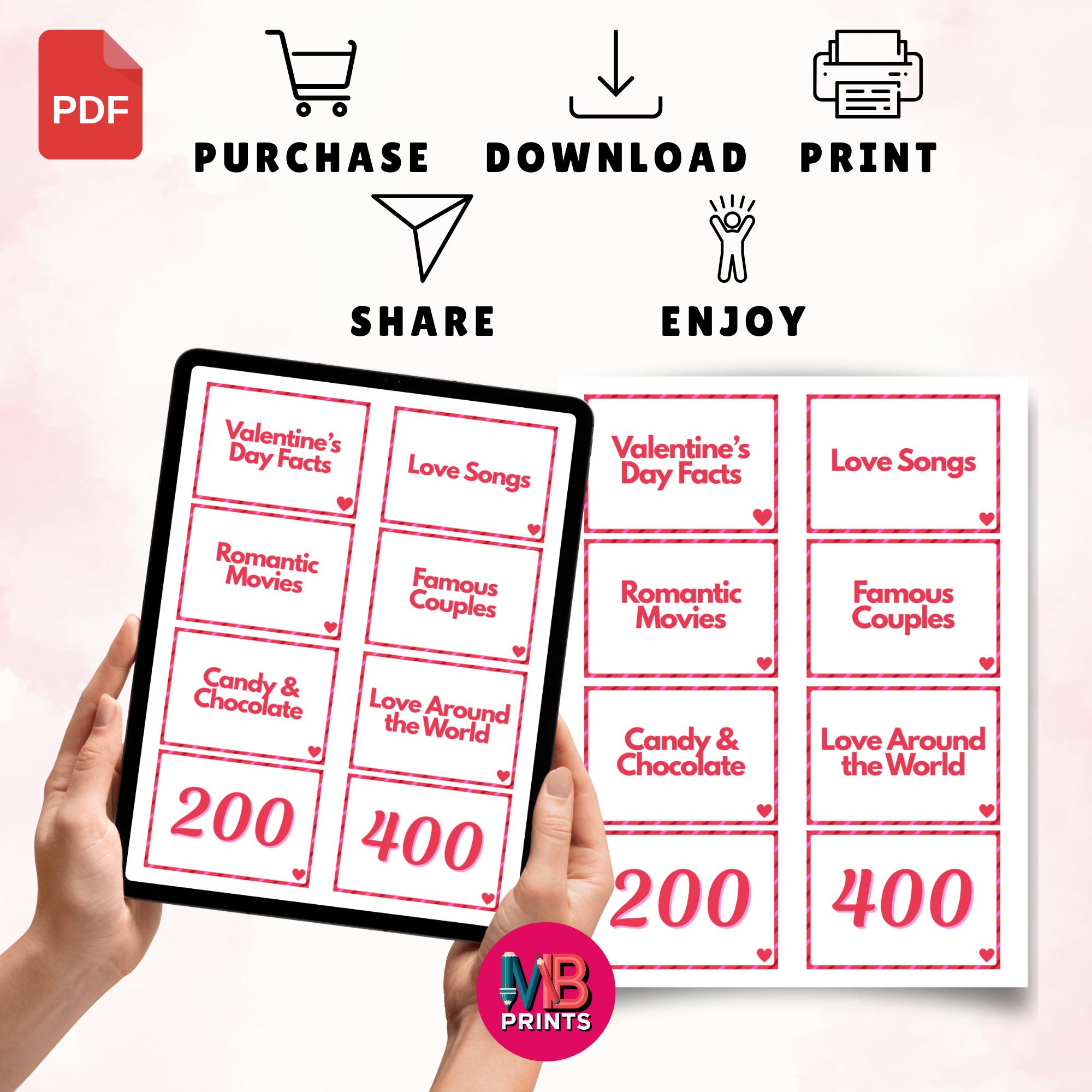 Jeopardy Game for Valentine's Day, Printable Valentines Jeopardy Game ...