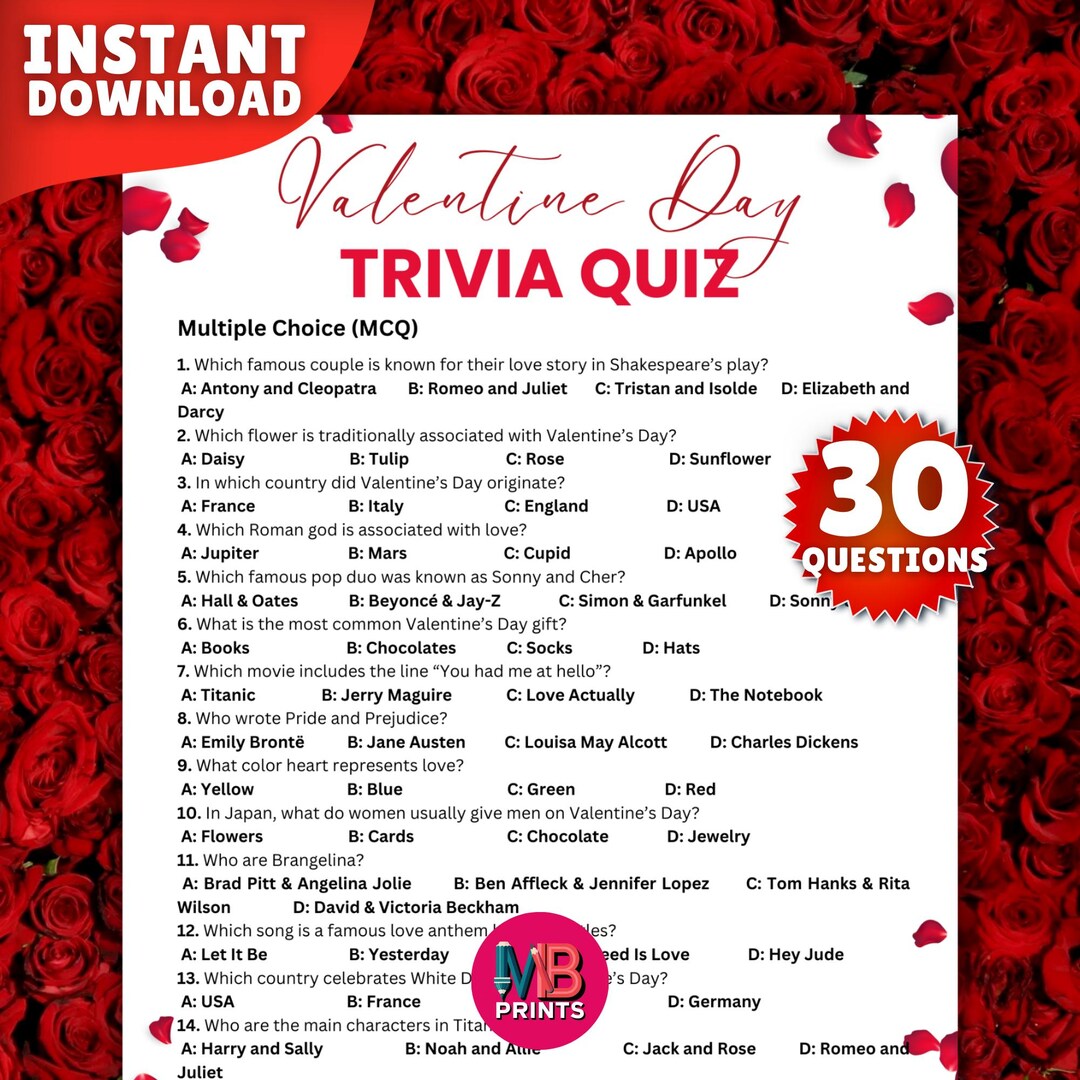 Valentine's Day Trivia Game, Couples & Family Fun Printable Digital ...