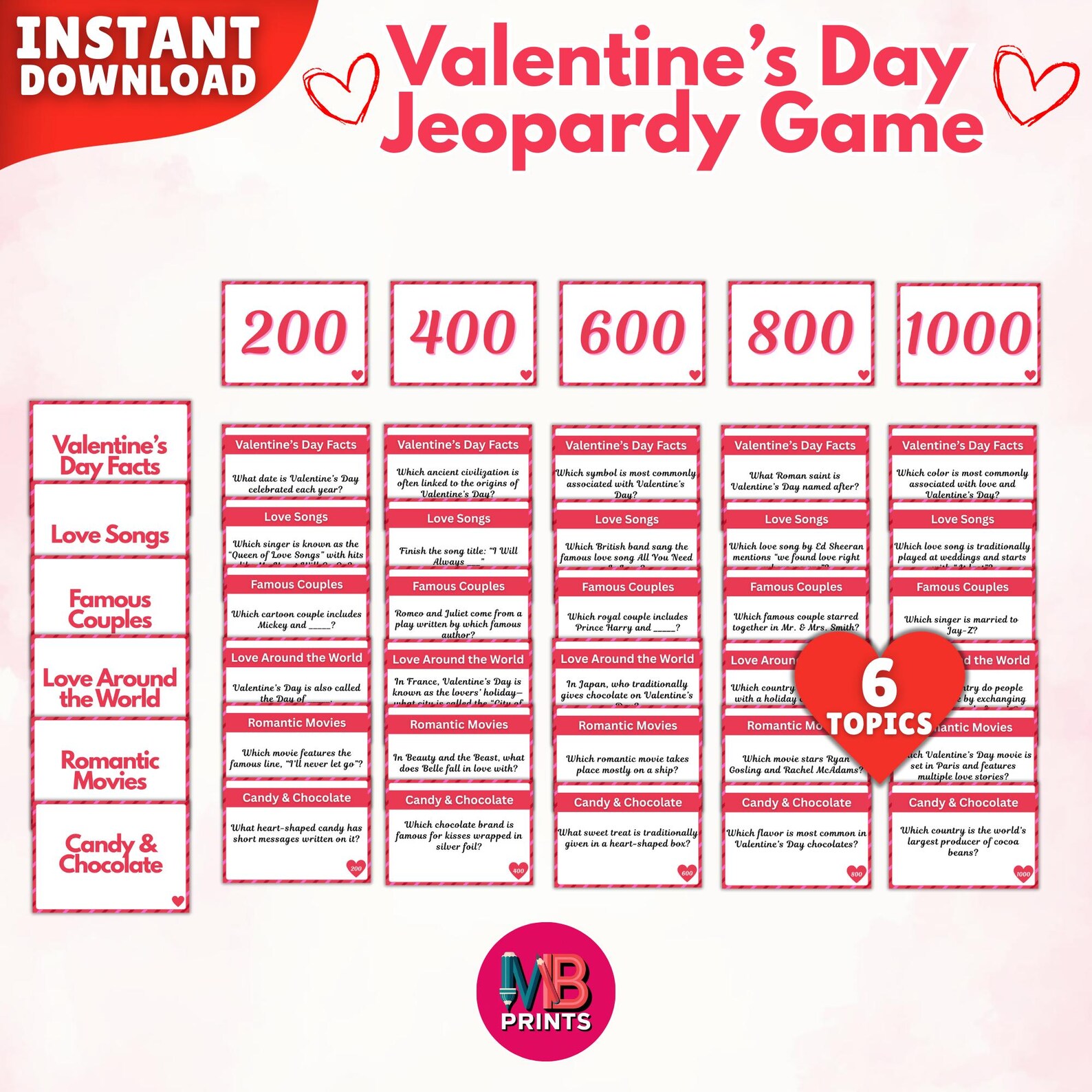 Jeopardy Game for Valentine's Day, Printable Valentines Jeopardy Game ...