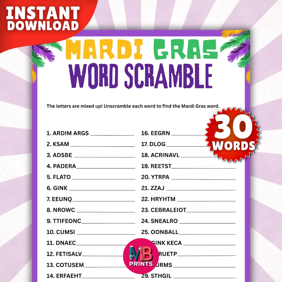 Word Scramble Game Mardi Gras Printable, Unscramble the Words Game, Fat ...