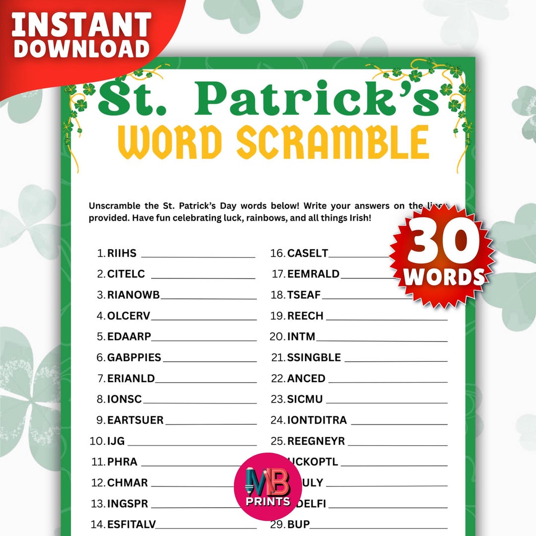 Word Scramble Game St. Patrick's Day Printable, Fun Brain Games, Word ...