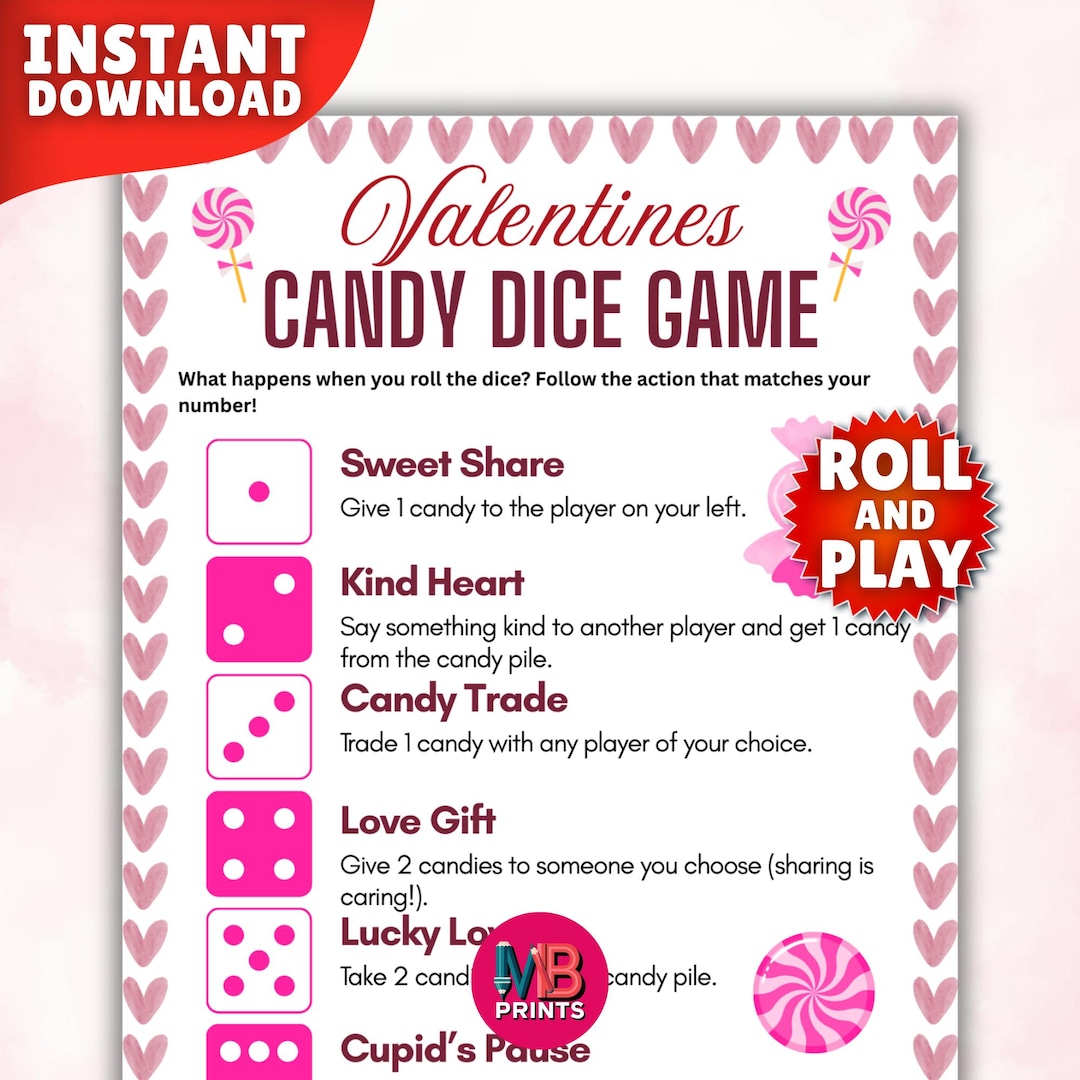 Candy Dice Valentine's Day, Fun Dice Game Printable, Pass the Cnady ...