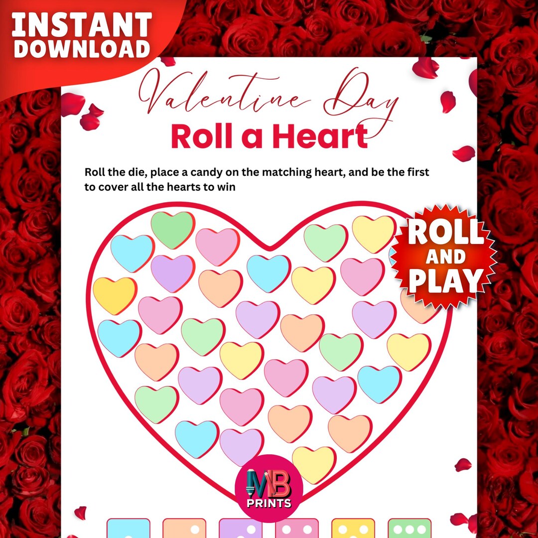 Valentine's Day Roll a Heart Game, Printable Valentines Dice Game, Fun ...