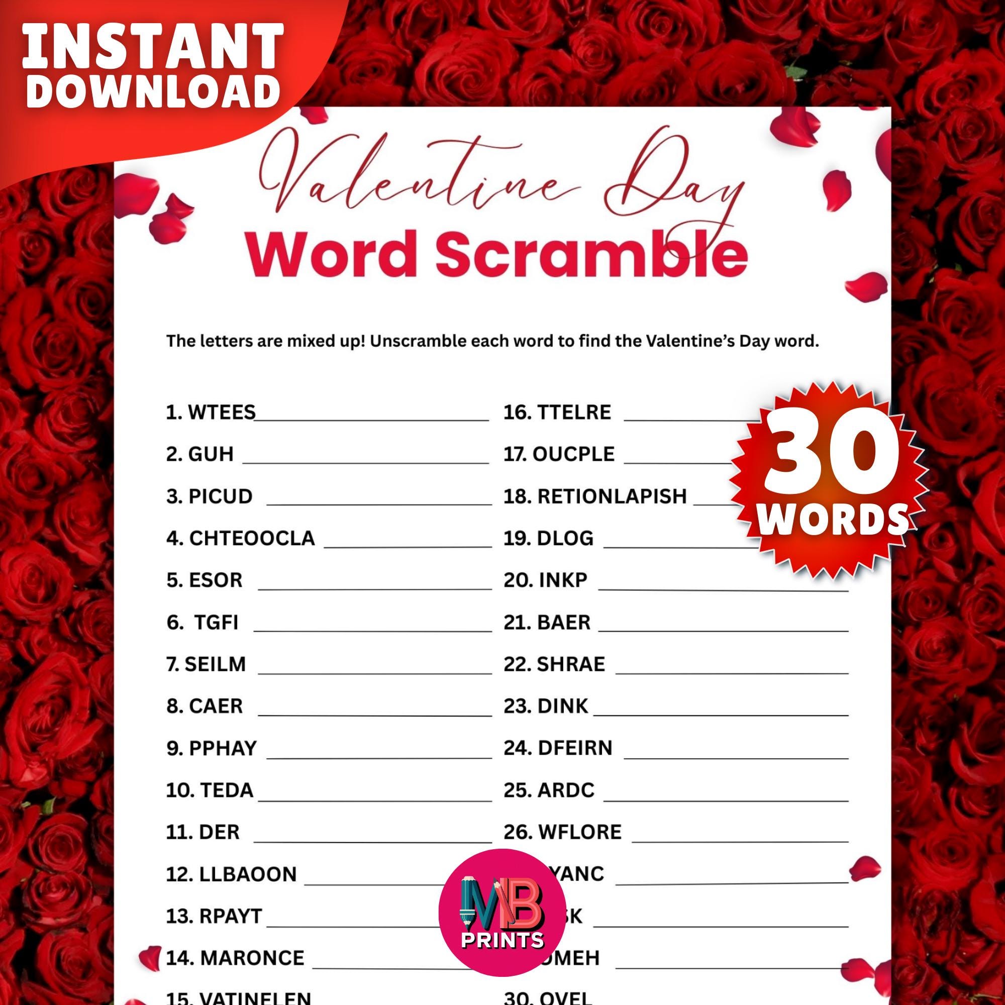 Valentine Day Word Scramble Printable, Fun Word Scramble Classroom ...