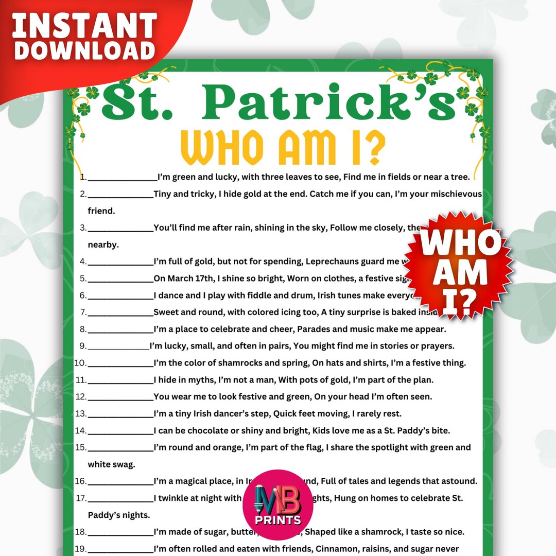 St. Patrick's Who Am I Game Printable, St. Patrick Day Riddle Games ...