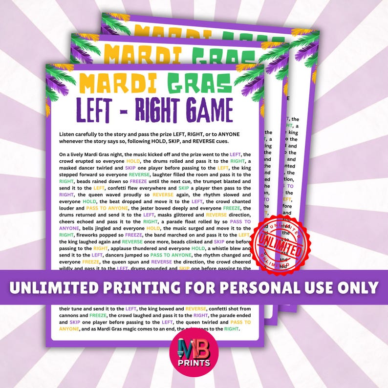 Mardi Gras Left Right Game PDF Download, Fun Printable Mardi Gras Games ...
