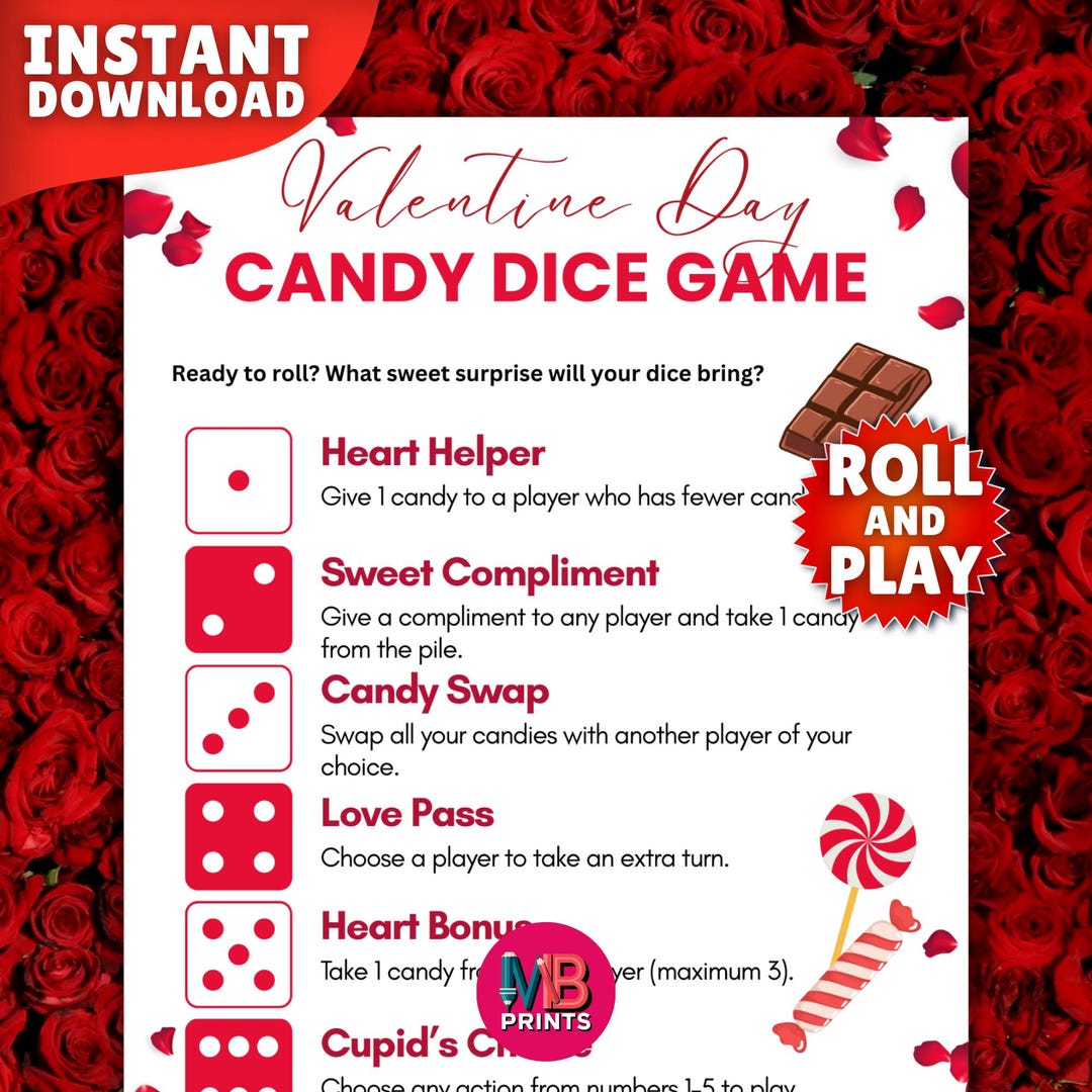 Valentine Candy Dice Game Printable, Roll a Dice Game, Valentine Dice ...