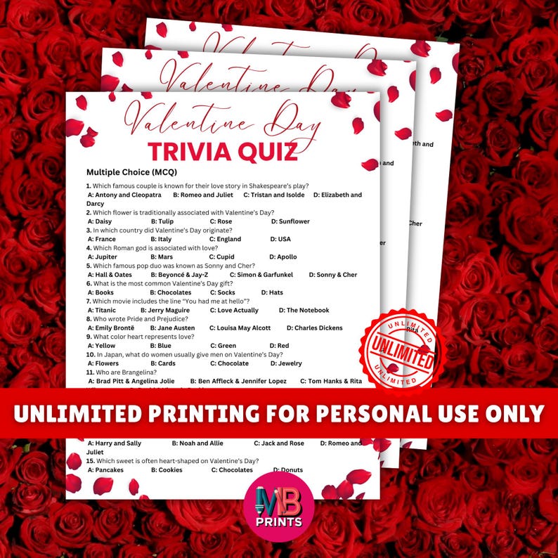 Valentine's Day Trivia Game, Couples & Family Fun Printable Digital ...