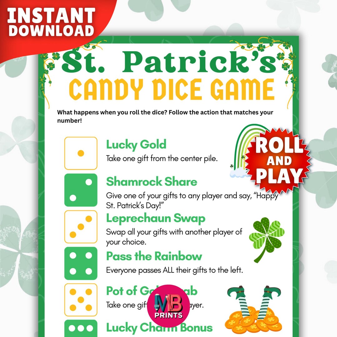 Candy Dice Game St. Patrick's Day Printable, Saint Patrick's Day Candy ...