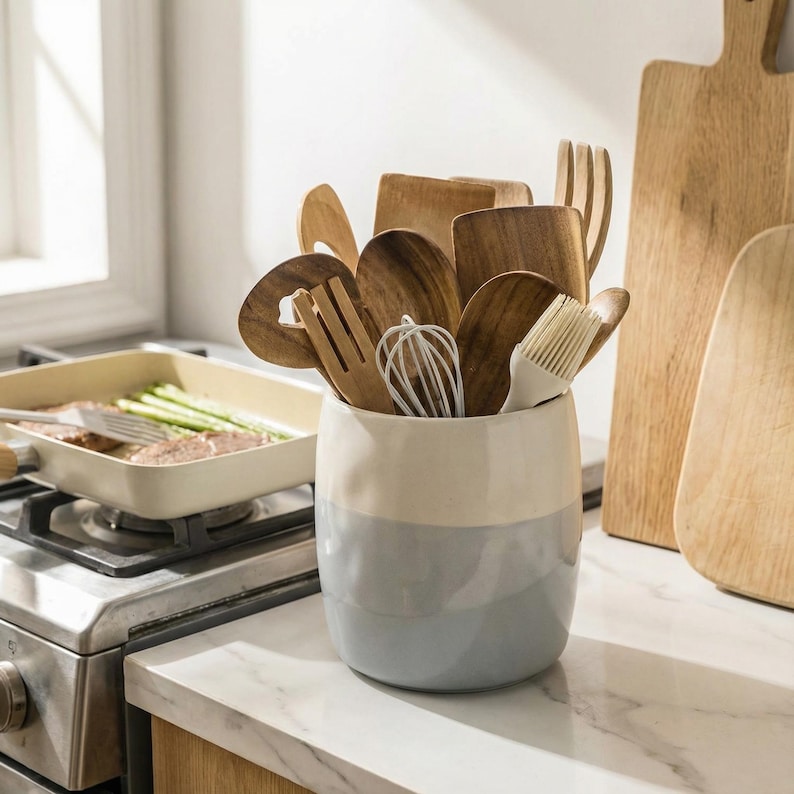 Ceramic Utensil Holder With Wooden Spoons, Minimal Kitchen Tool Holder ...