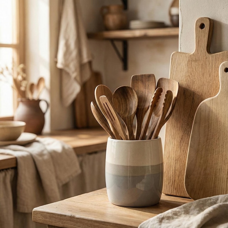 Ceramic Utensil Holder With Wooden Spoons, Minimal Kitchen Tool Holder ...