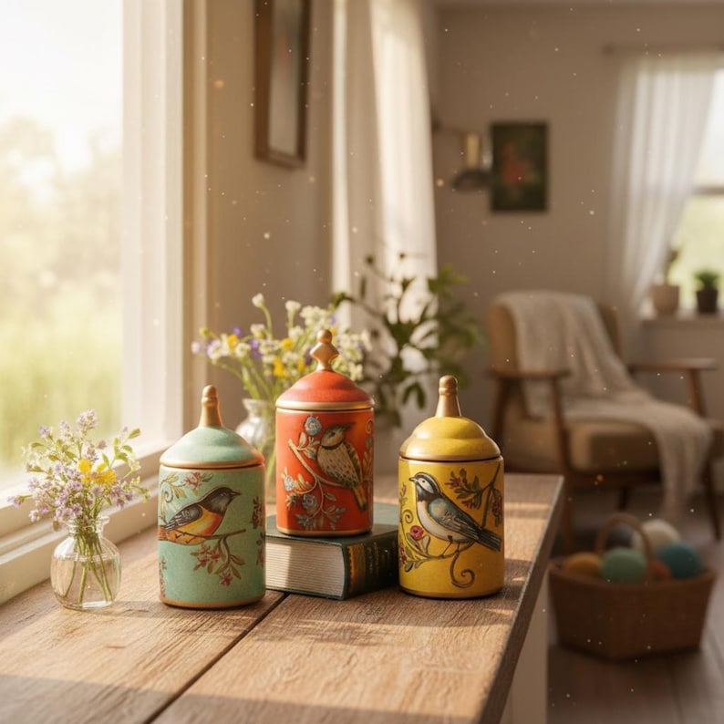 Hand Painted Ceramic Jar, Vintage Bird Design, Cottagecore Decor - Etsy