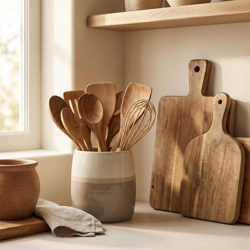 Ceramic Utensil Holder With Wooden Spoons, Minimal Kitchen Tool Holder ...