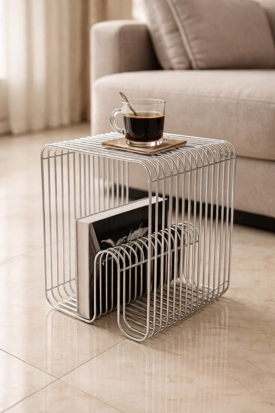 Modern Metal Wire Side Table With Magazine Rack, Minimalist End Table ...