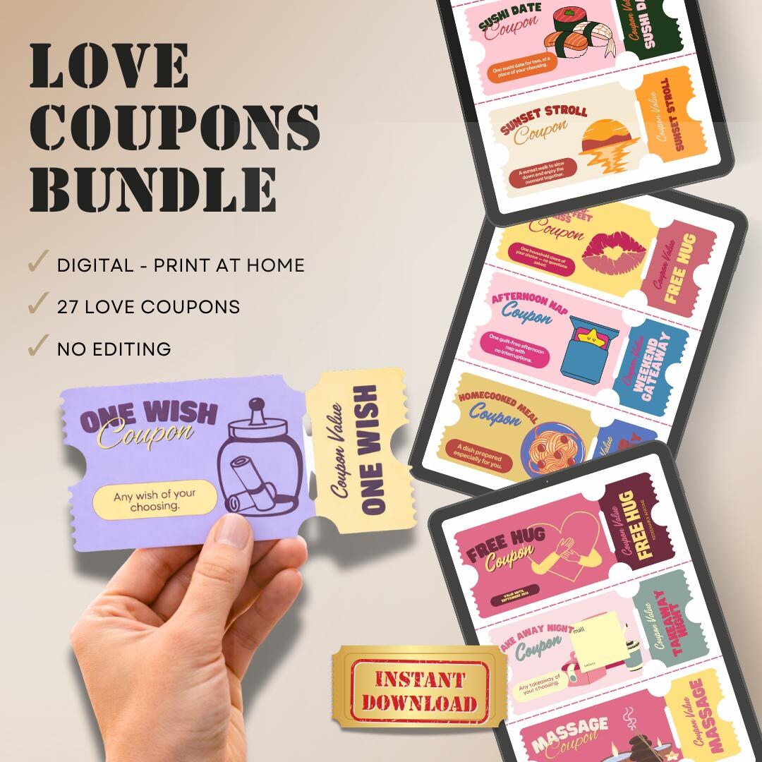 Printable Love Coupons, Valentine's Day Vouchers, Romantic Thoughtful ...