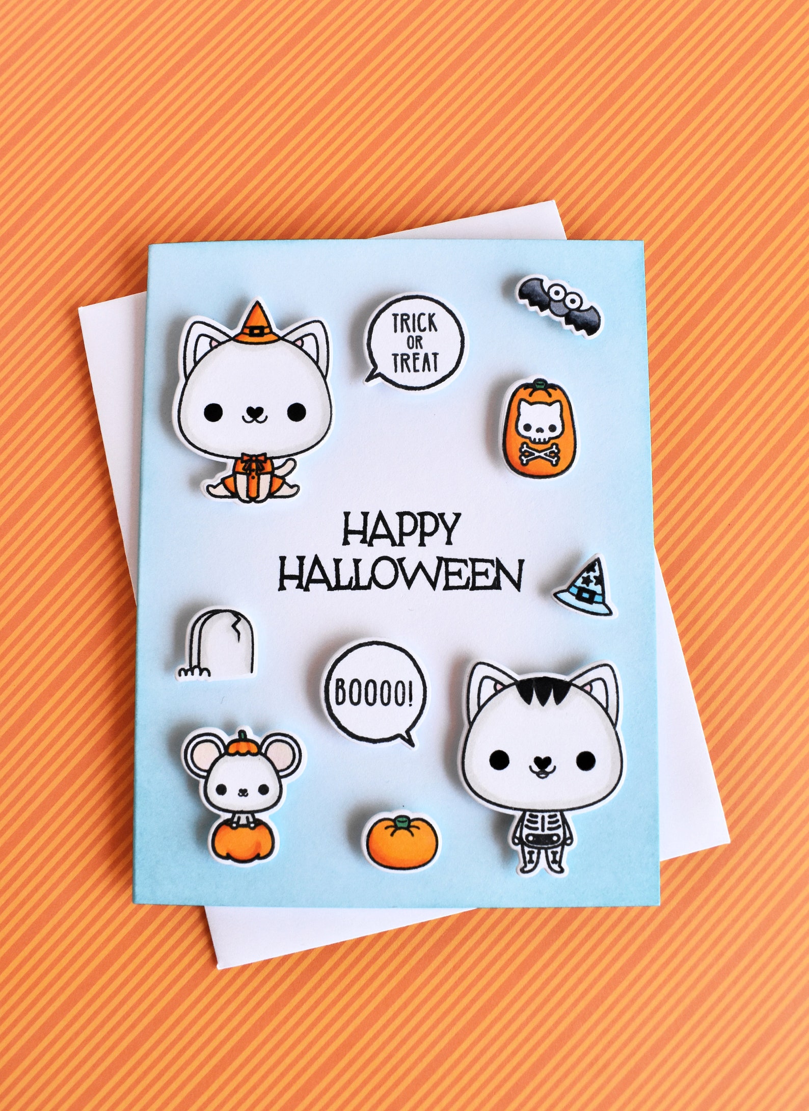 3D Handmade Halloween Card With Witch, Skeleton, Bat, and Pumpkins Cute ...
