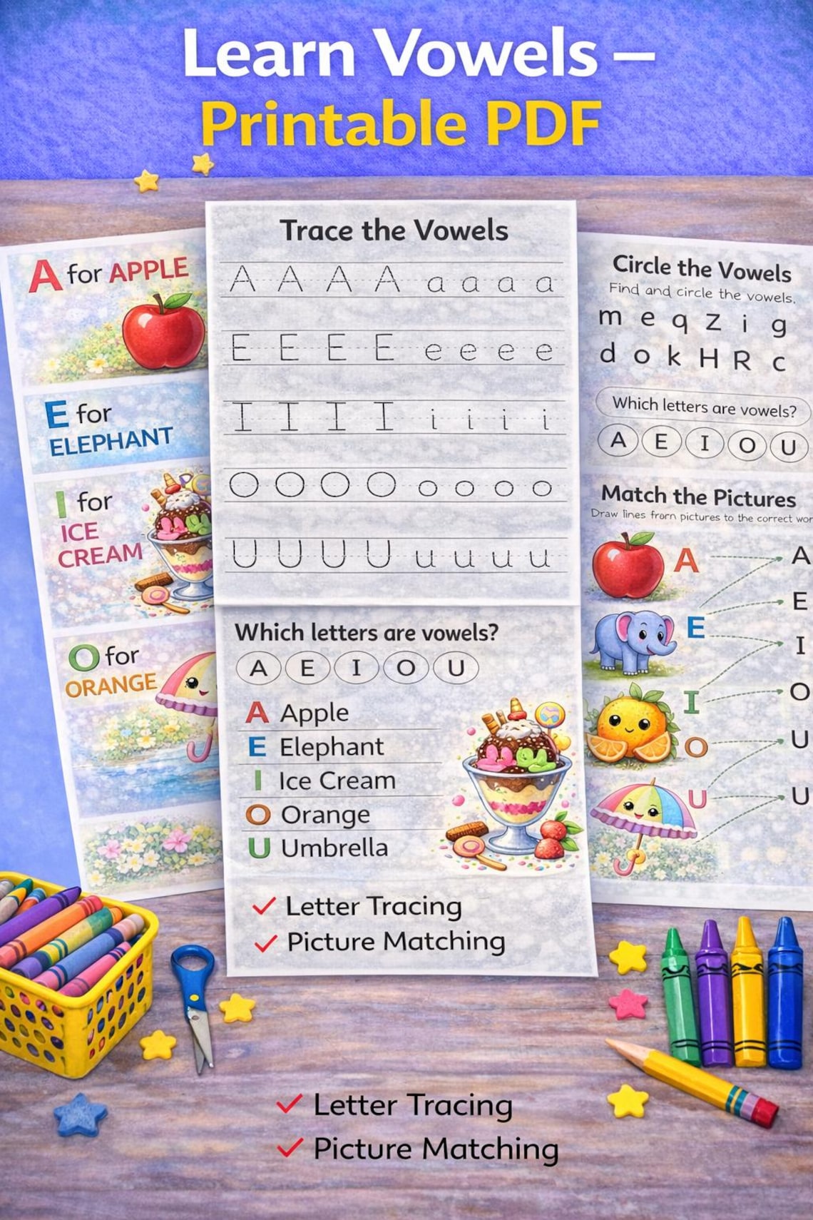 Vowel Tracing Worksheets Printable PDF – Learn AEIOU Letters for ...