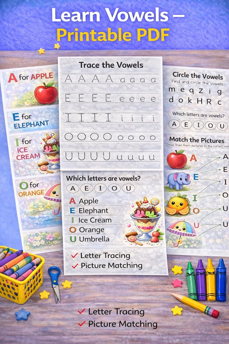 Vowel Tracing Worksheets Printable PDF – Learn AEIOU Letters for ...
