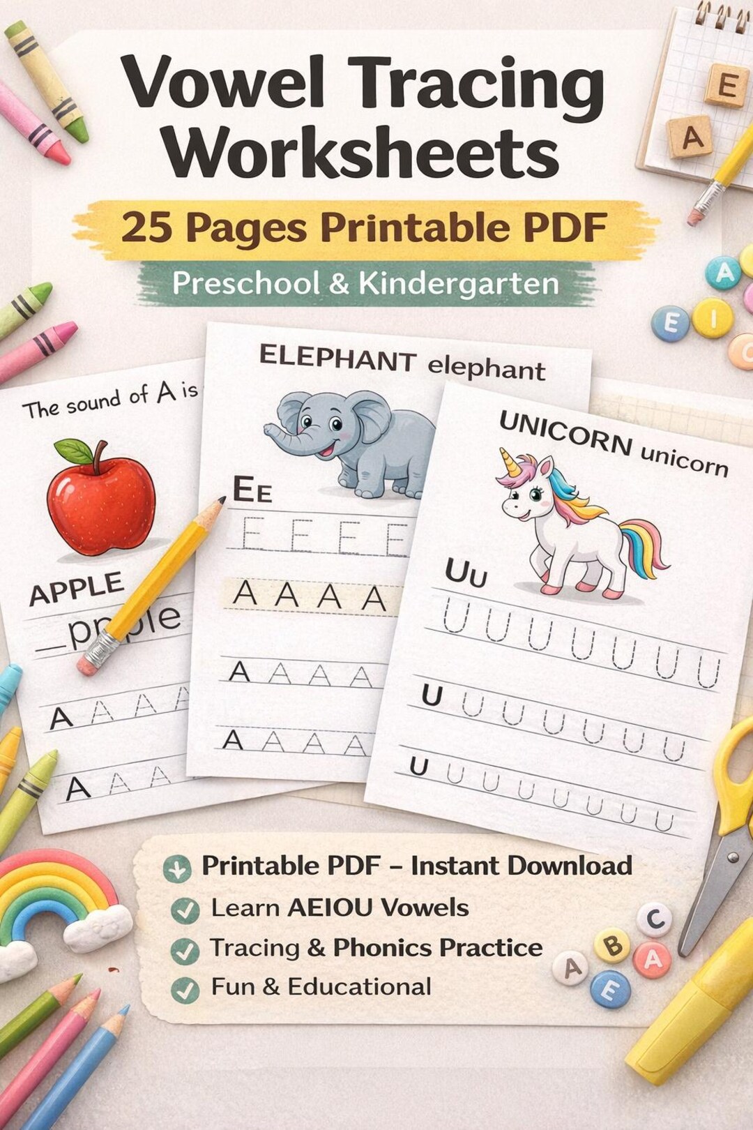 Vowel Tracing Worksheets Printable PDF – Learn AEIOU Letters for ...