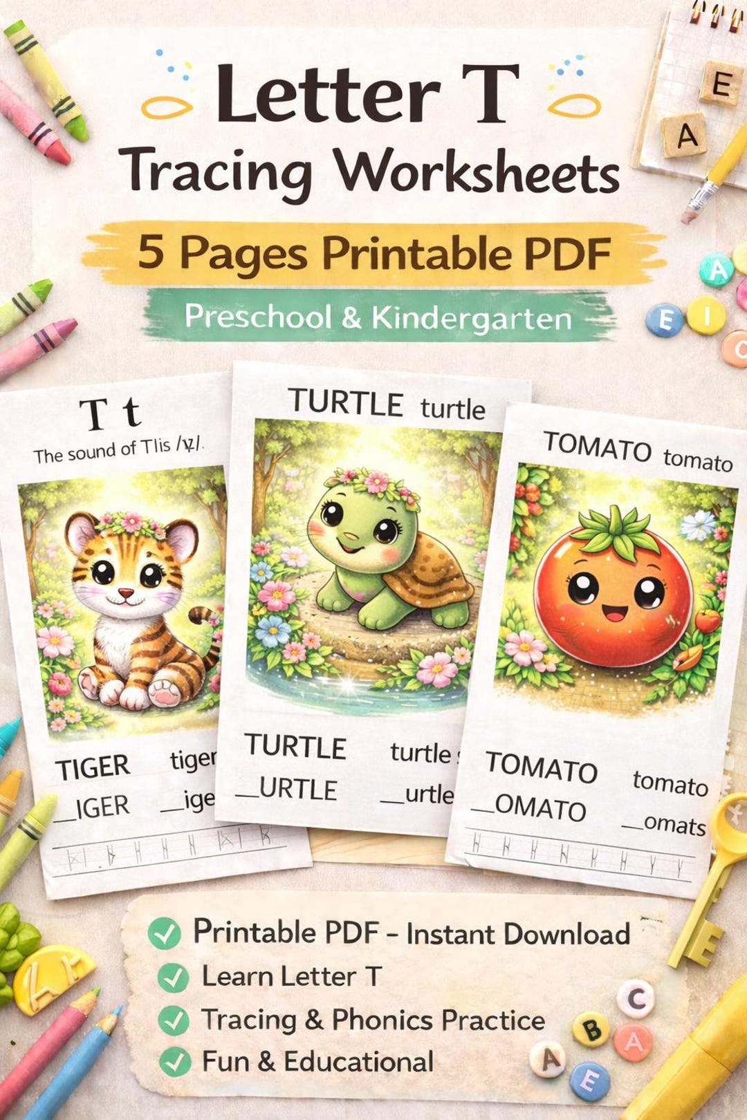 Letter T Tracing Worksheets Printable – Phonics Practice for Preschool ...